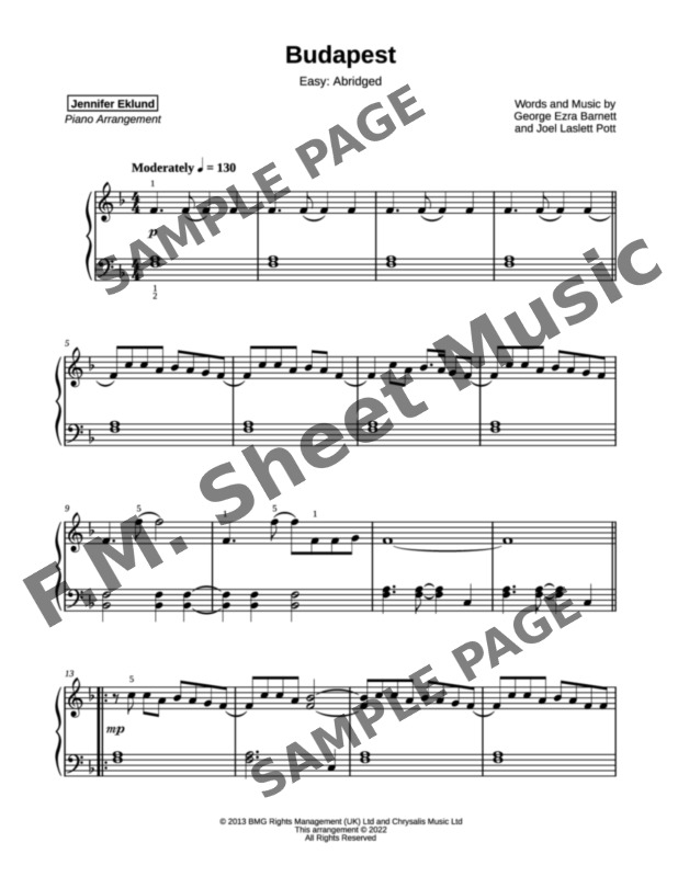 Budapest (Easy Piano) By George Ezra - F.M. Sheet Music - Pop Arrangements by Jennifer Eklund